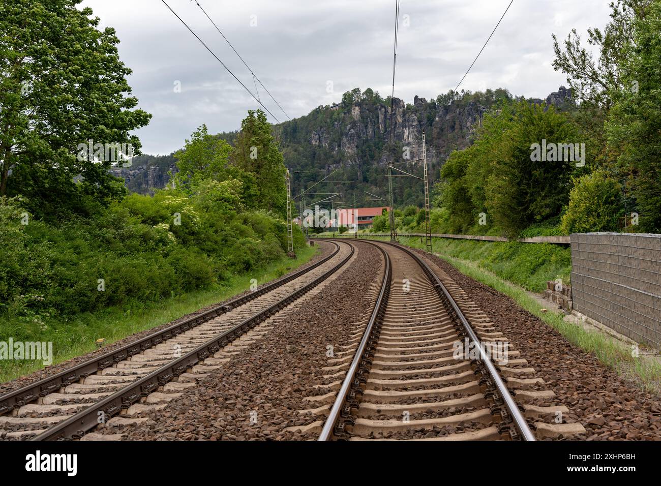 A train track with a mountain in the background. The train is not ...