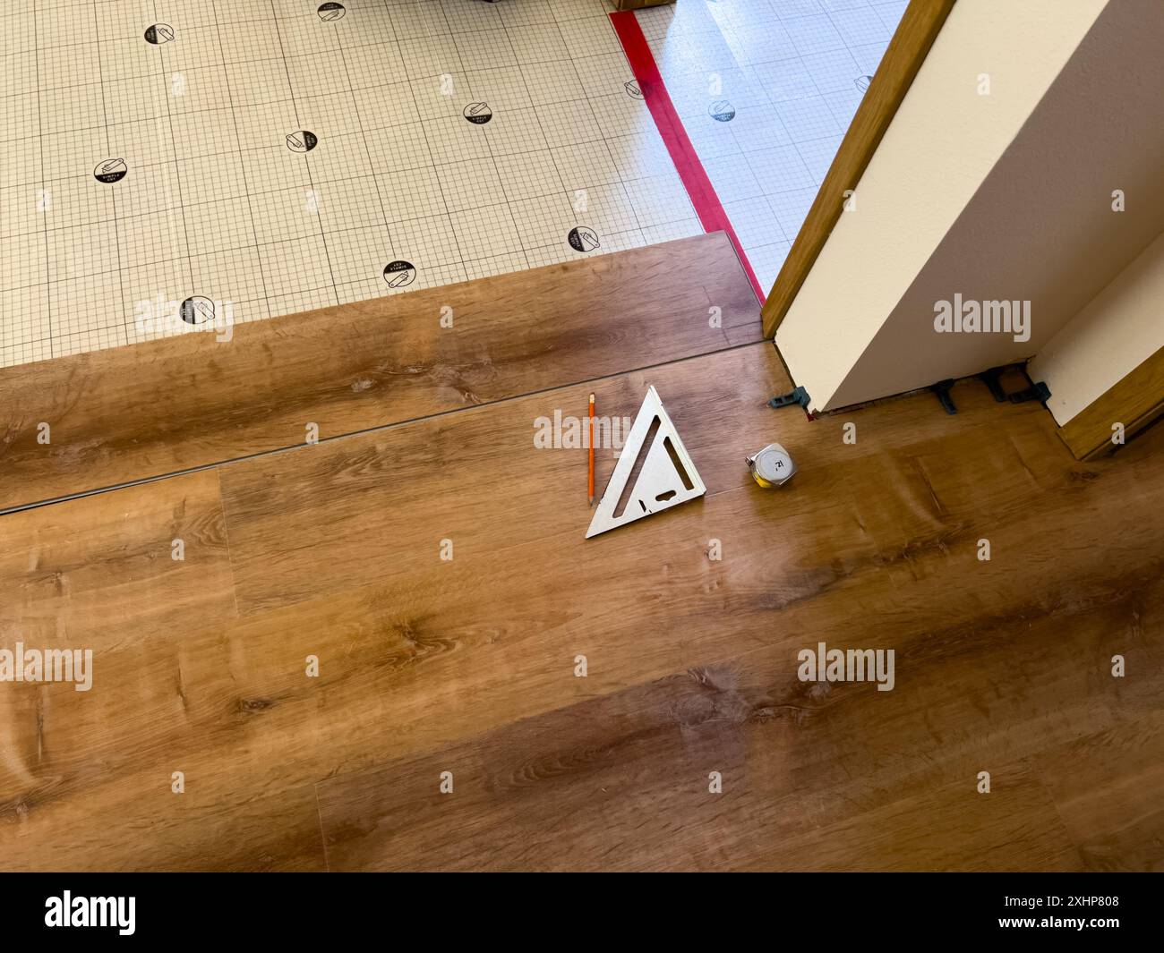 Flooring Installation with Laminate and Underlayment in Progress Stock ...