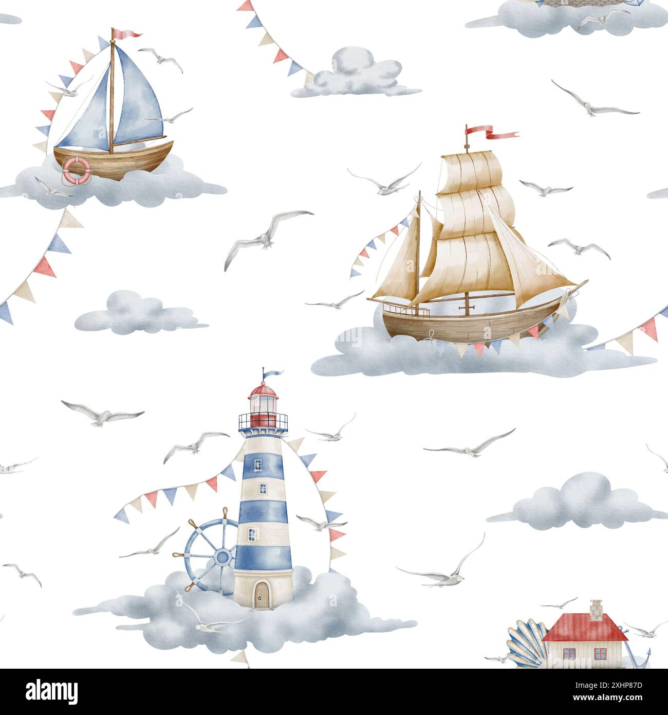 Watercolor Pattern with Lighthouse, sailing ship, garlands and clouds ...