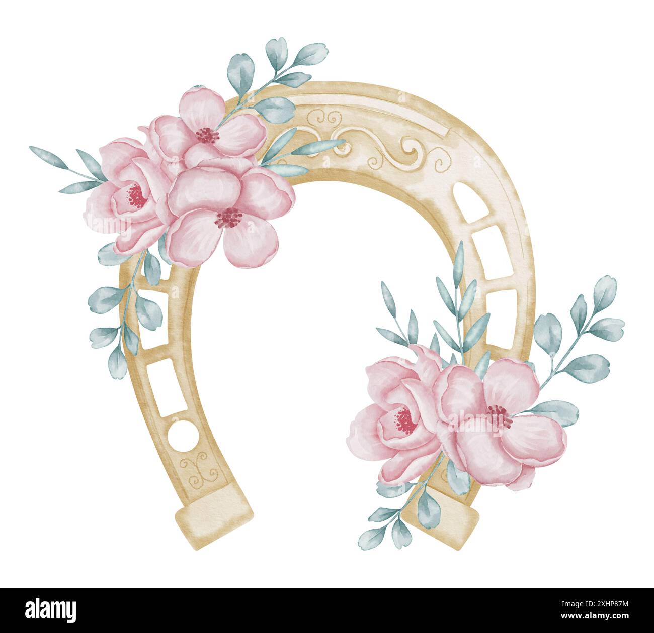 Golden Horseshoe with pink flowers and leaves watercolor illustration ...