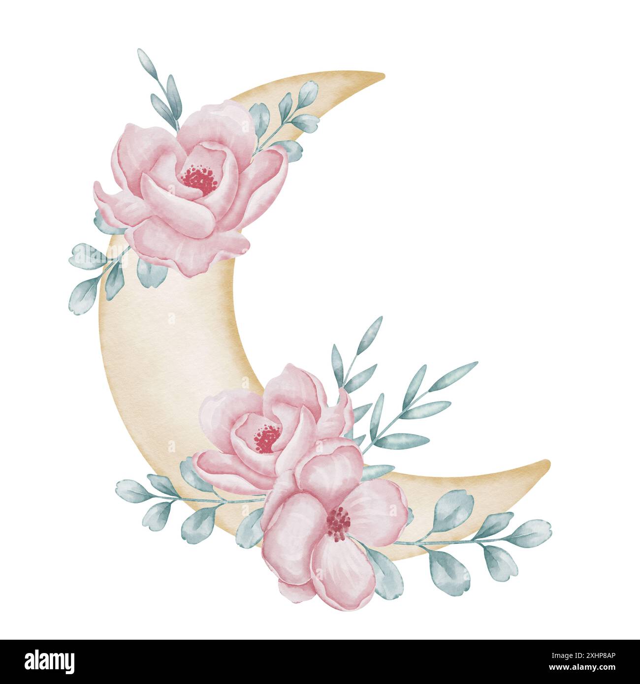 Crescent moon with pink flowers and leaves watercolor illustration ...