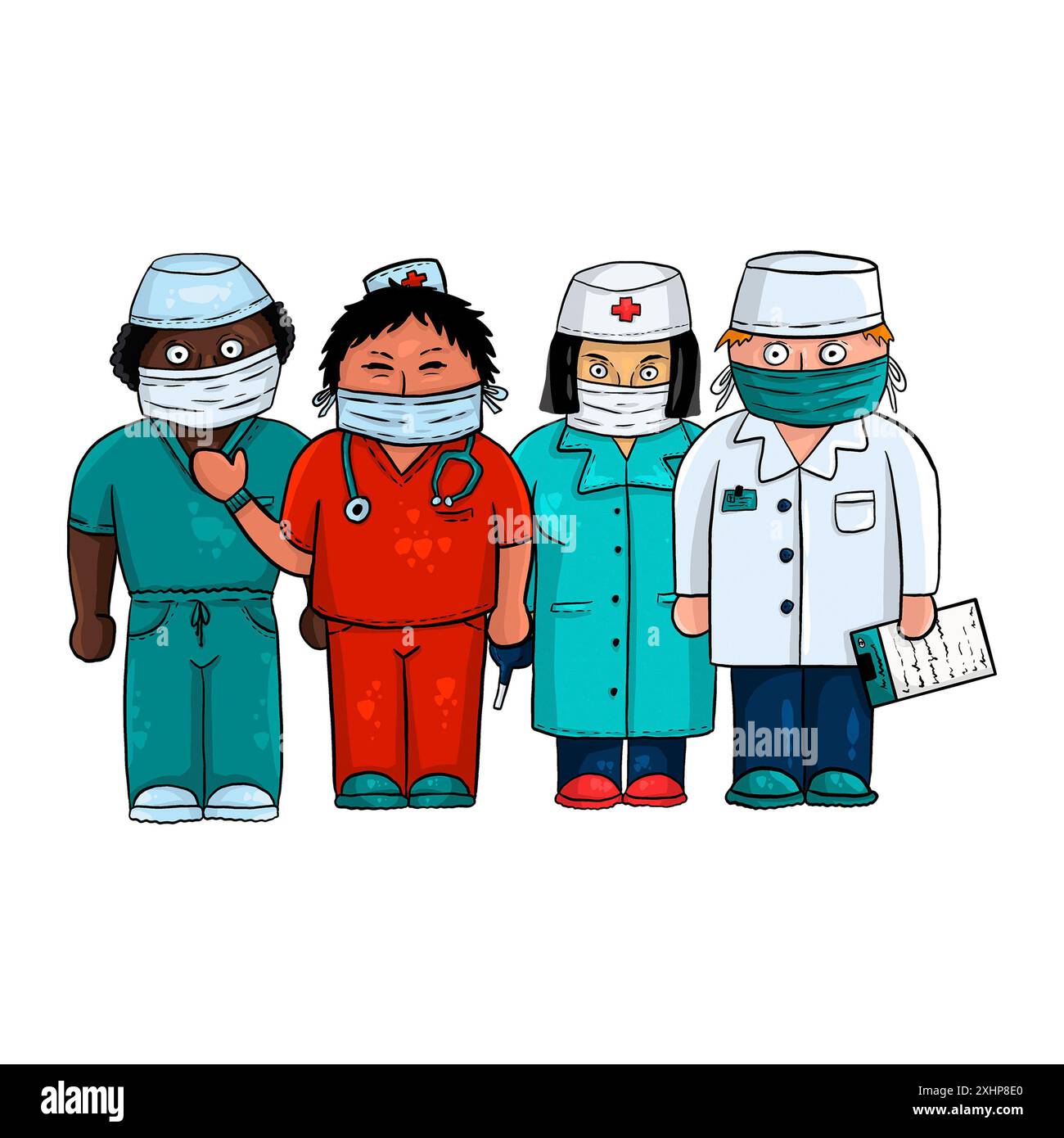 Four cartoon medics in multi-colored suits and protective masks ...