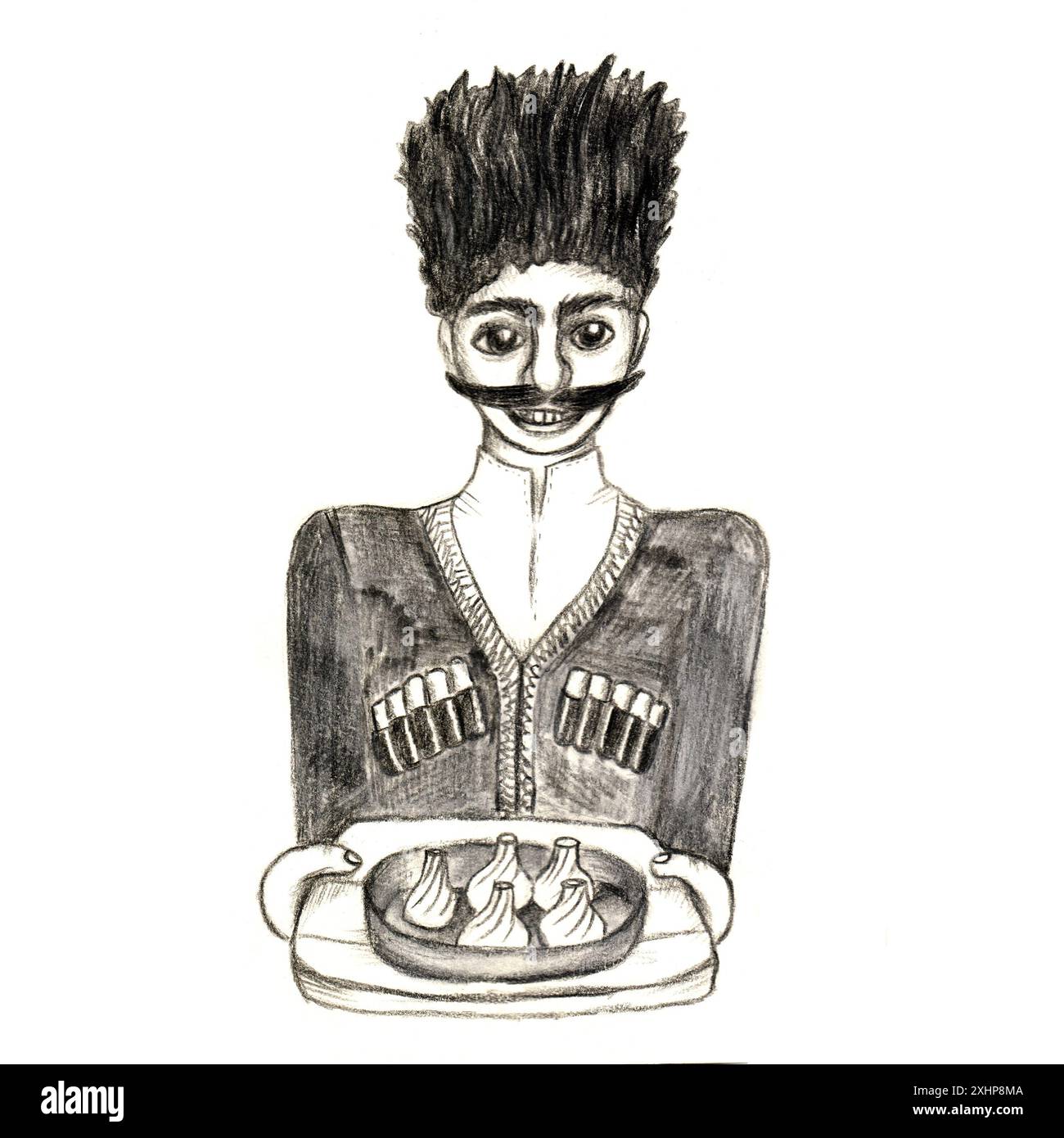 A Georgian mustachioed man in national dress serves khinkali. Pencil ...
