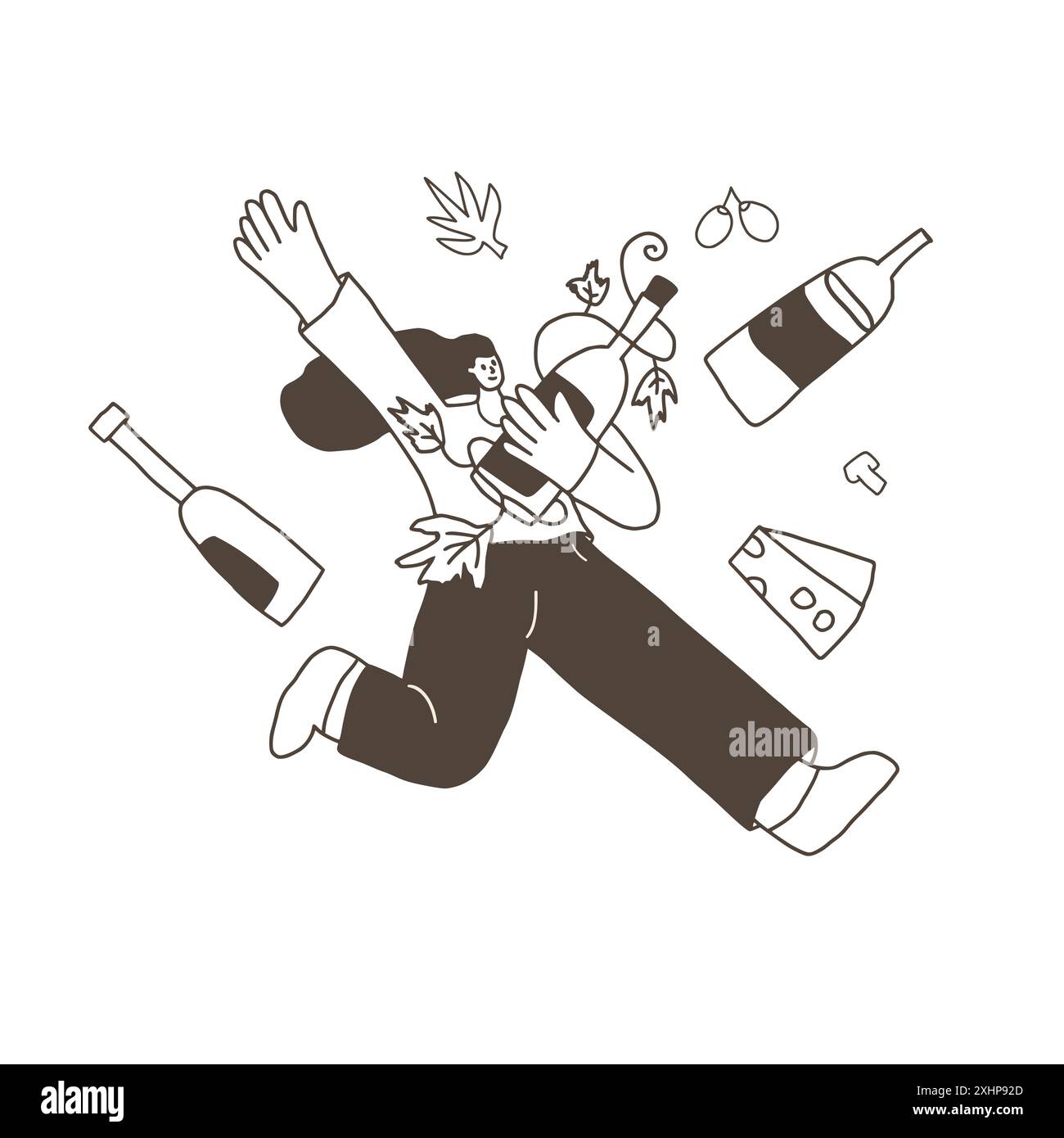 Wine lover emblem. Cute character with wineglass, bottles, cheese and ...