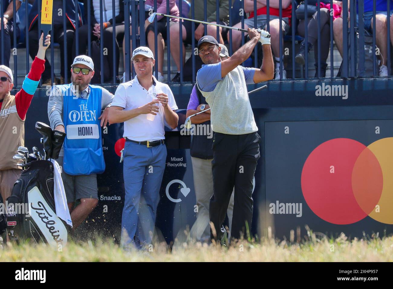 15 July 2024. Troon, UK. Tiger Woods, Justin Thomas and Max Homa, three American Profesional ...