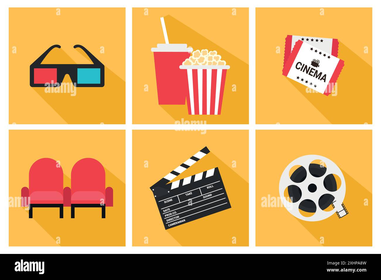 Cinema movie icons set. 3d glasses, popcorn bucket and soda, cinema ...