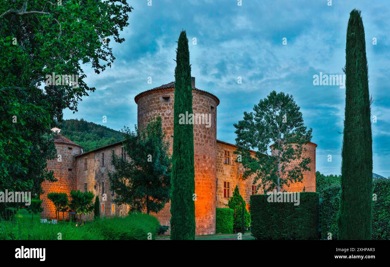 France, Aude, Couiza, Couiza castle, night view of a restored castle in ...