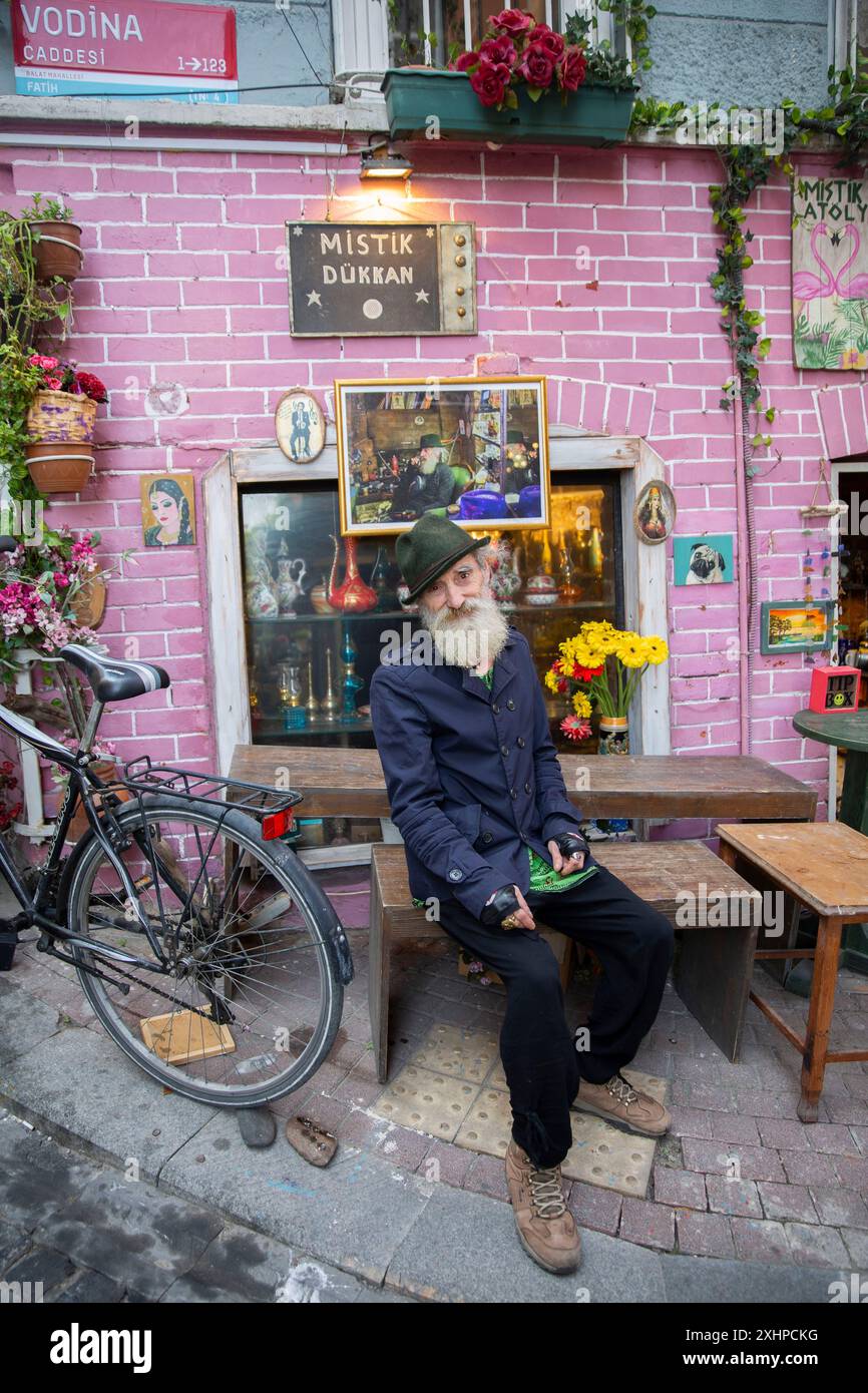 Turkey, Istanbul, Golden Horn, Balat, old bearded man with a bohemian ...