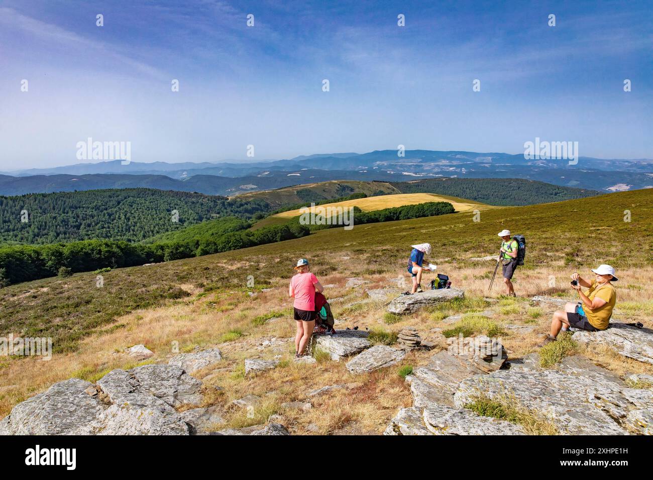 France, Lozere, Le Pont de Montvert, hikers at Signal du Bouges ...