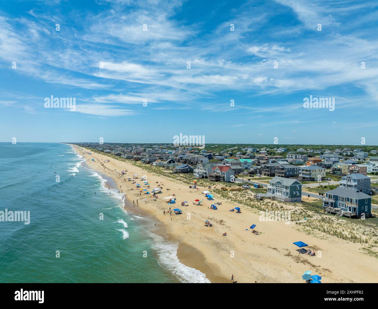 Aerial view of colorful beach front vacation rental properties in the ...