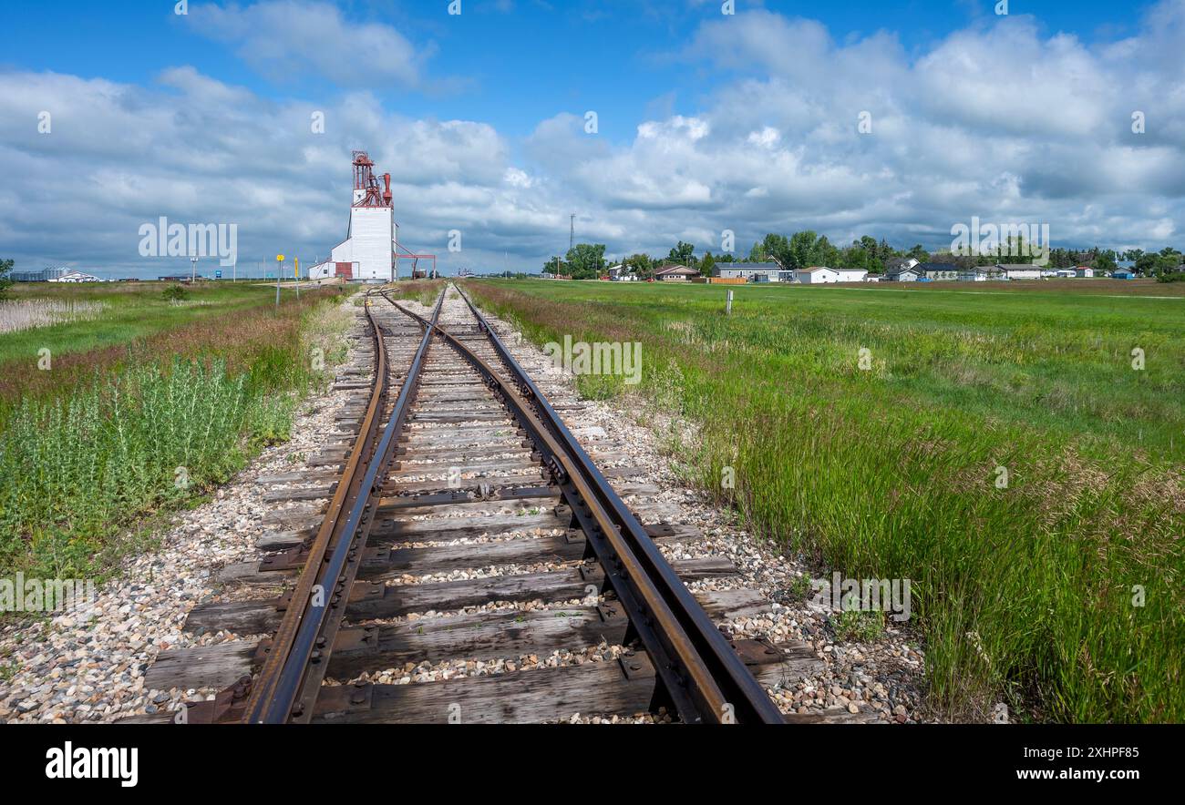 Railway tracks leading to a grain elevator in the village of Francis ...
