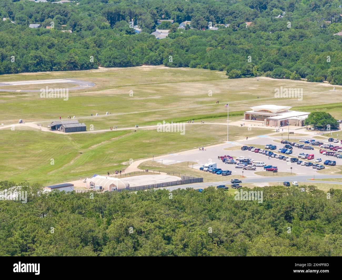 Aerial view of the Wright Brothers Monuments and first flight air field ...