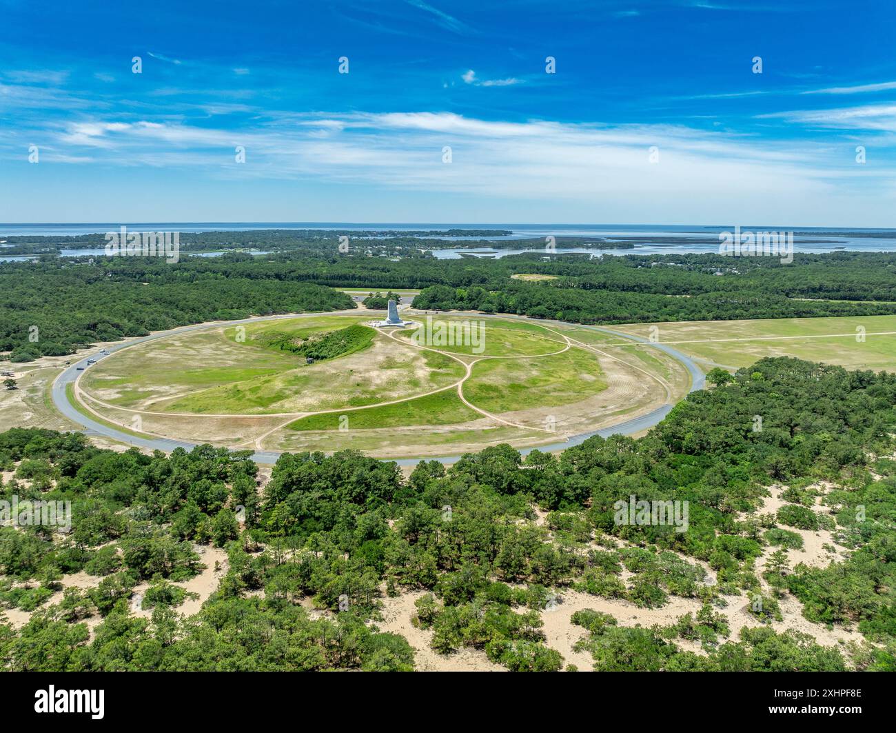 Aerial view of the Wright Brothers Monuments and first flight air field ...