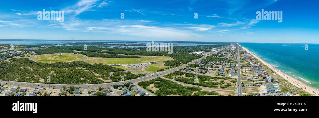 Aerial view of the Wright Brothers Monuments and first flight air field ...