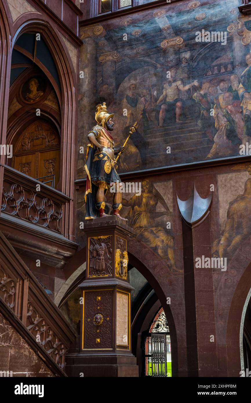 Switzerland, Basel, Marktplatz, City hall (Rathaus), statue of Lucius ...