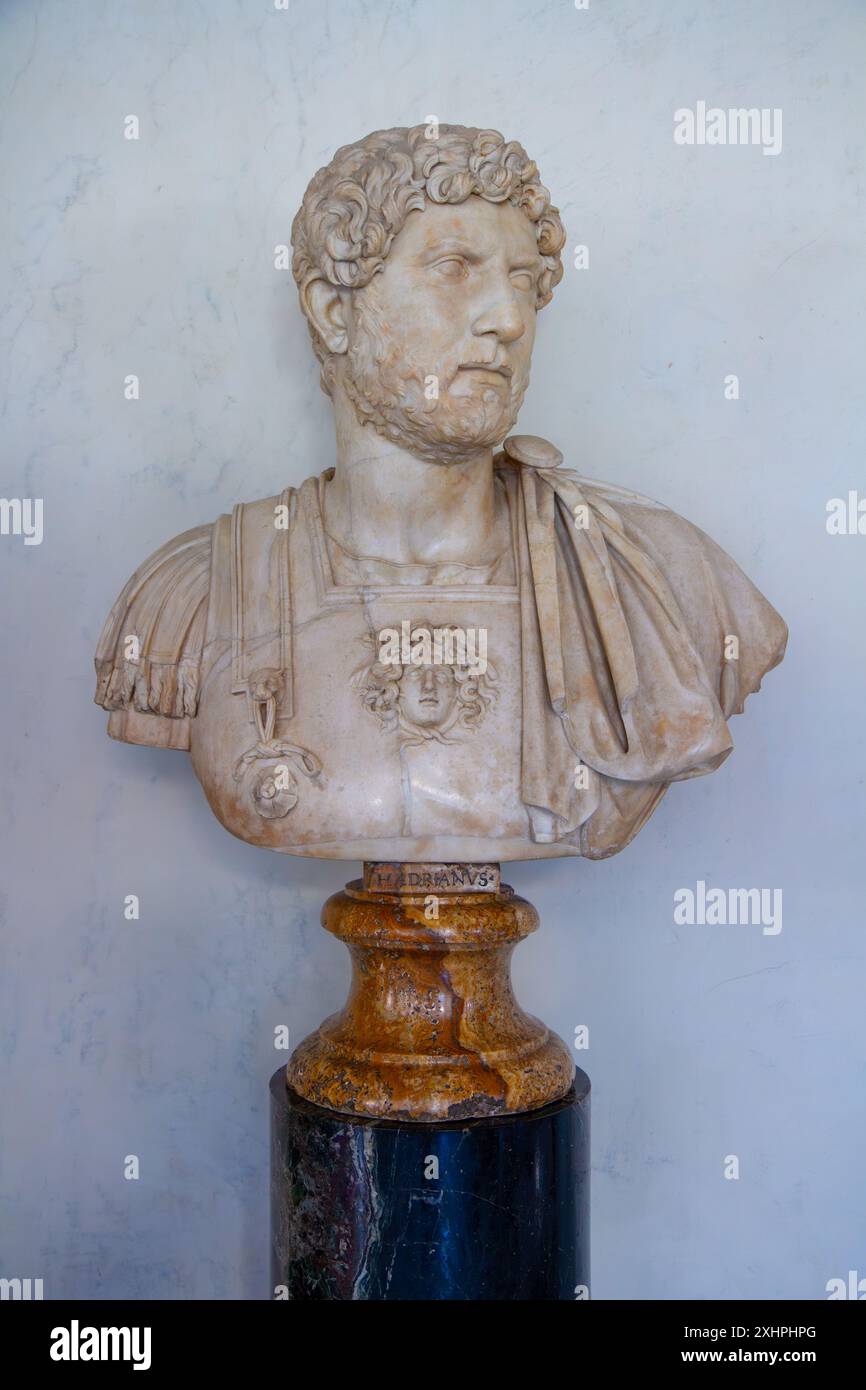 White marble bust of Roman Emperor Hadrian, Uffizi Gallery, Florence ...