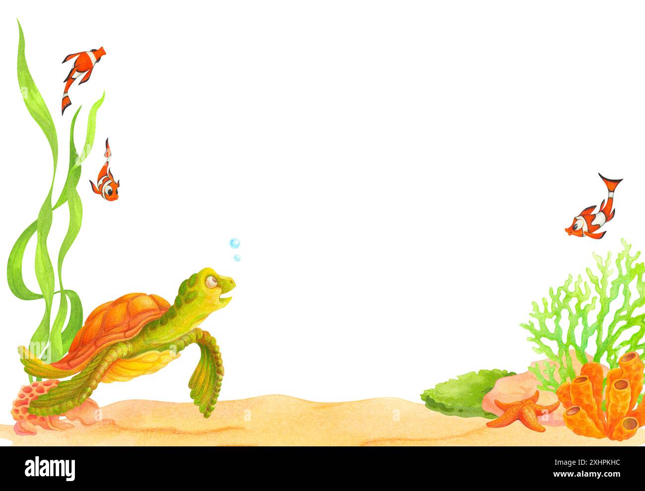 Bottom frame or border with cartoon sea turtle, clown fish, corals and ...