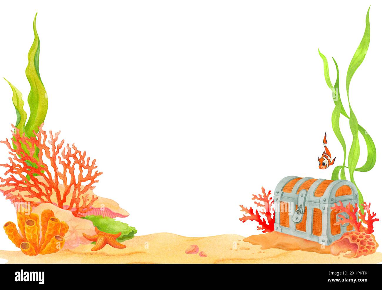 Underwater life. Isolated Bottom frame or border with cartoon treasure ...