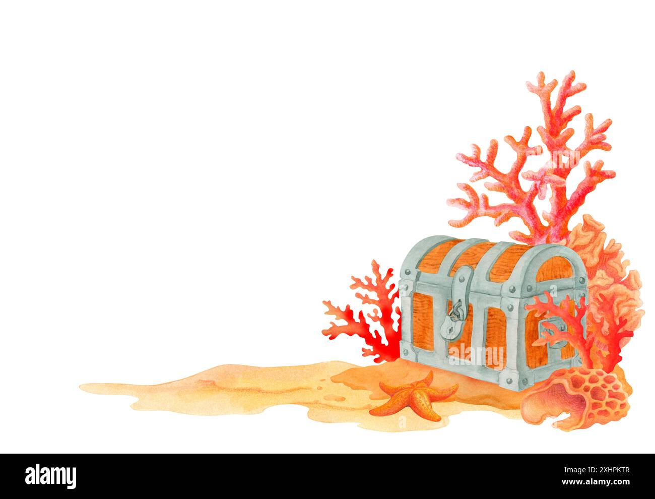 A pirate treasure chest sunk among the corals. Isolated Corner frame or ...