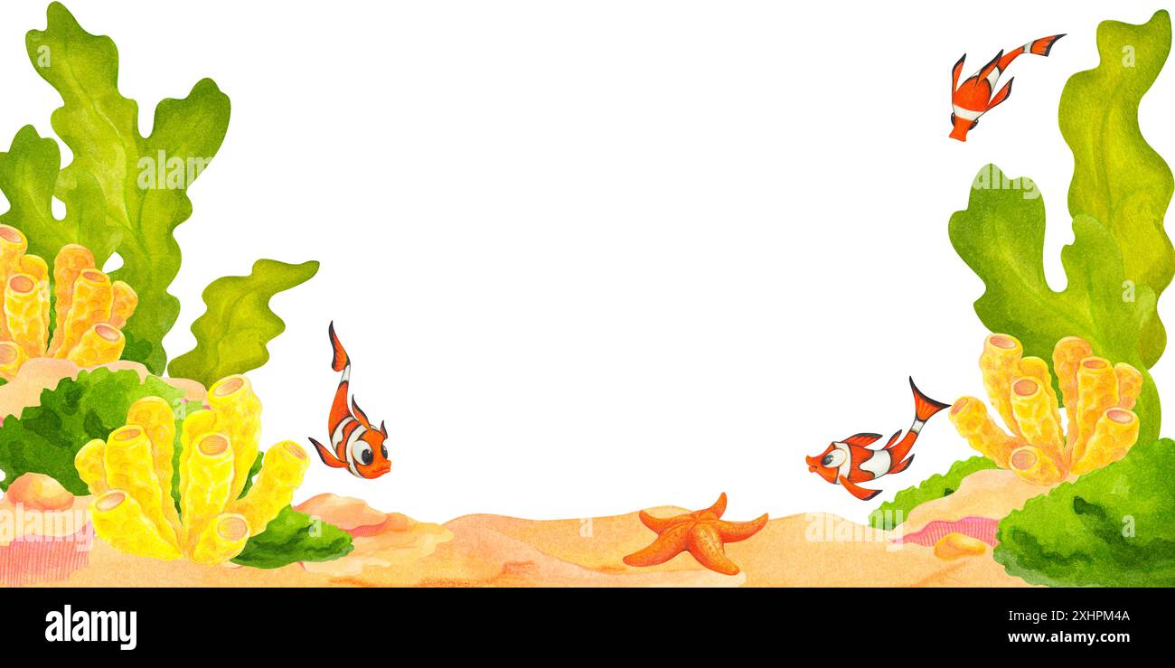 Watercolor illustration of a horizontal board with marine coral reef ...