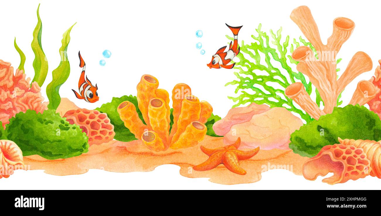 Watercolor seamless border with coral reef life. Hand drawn bottom ...