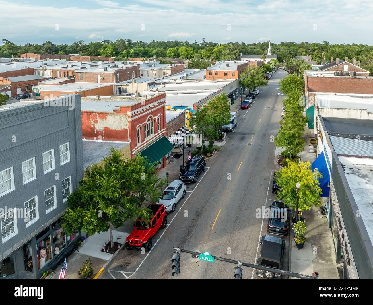 Aerial of Conway, small town on a bluff overlooking the Waccamaw River ...