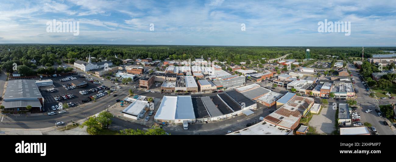 Aerial of Conway, small town on a bluff overlooking the Waccamaw River ...