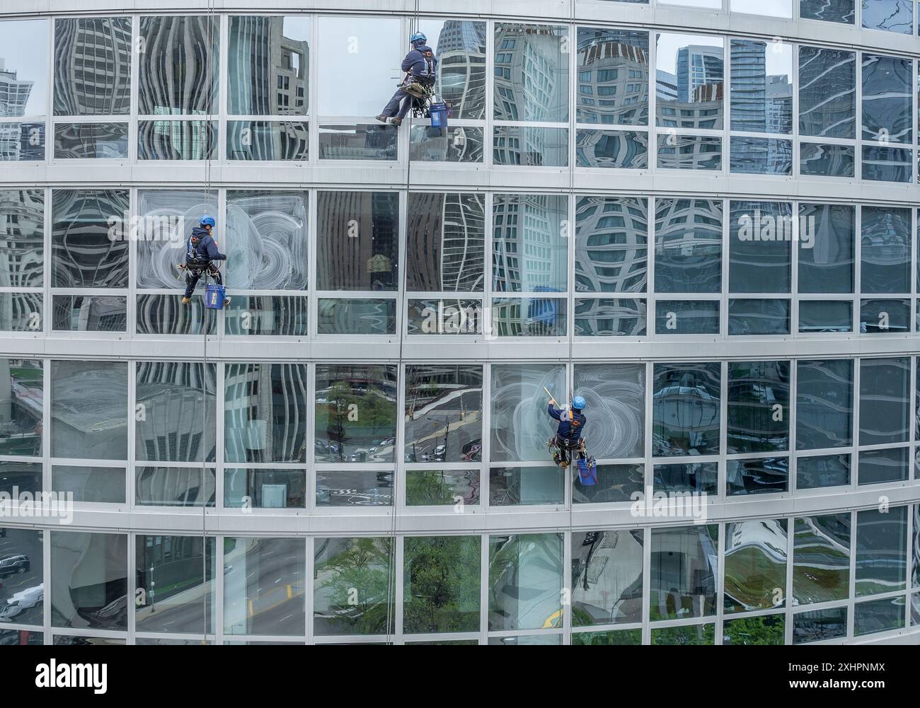 Professional alpinist window washers hanging in a harness while ...