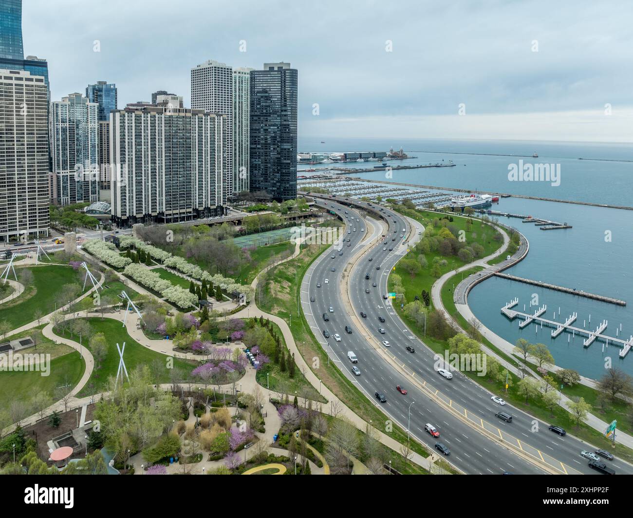 Winding pedestrian bridge with stainless steel panels in Chicago Stock ...