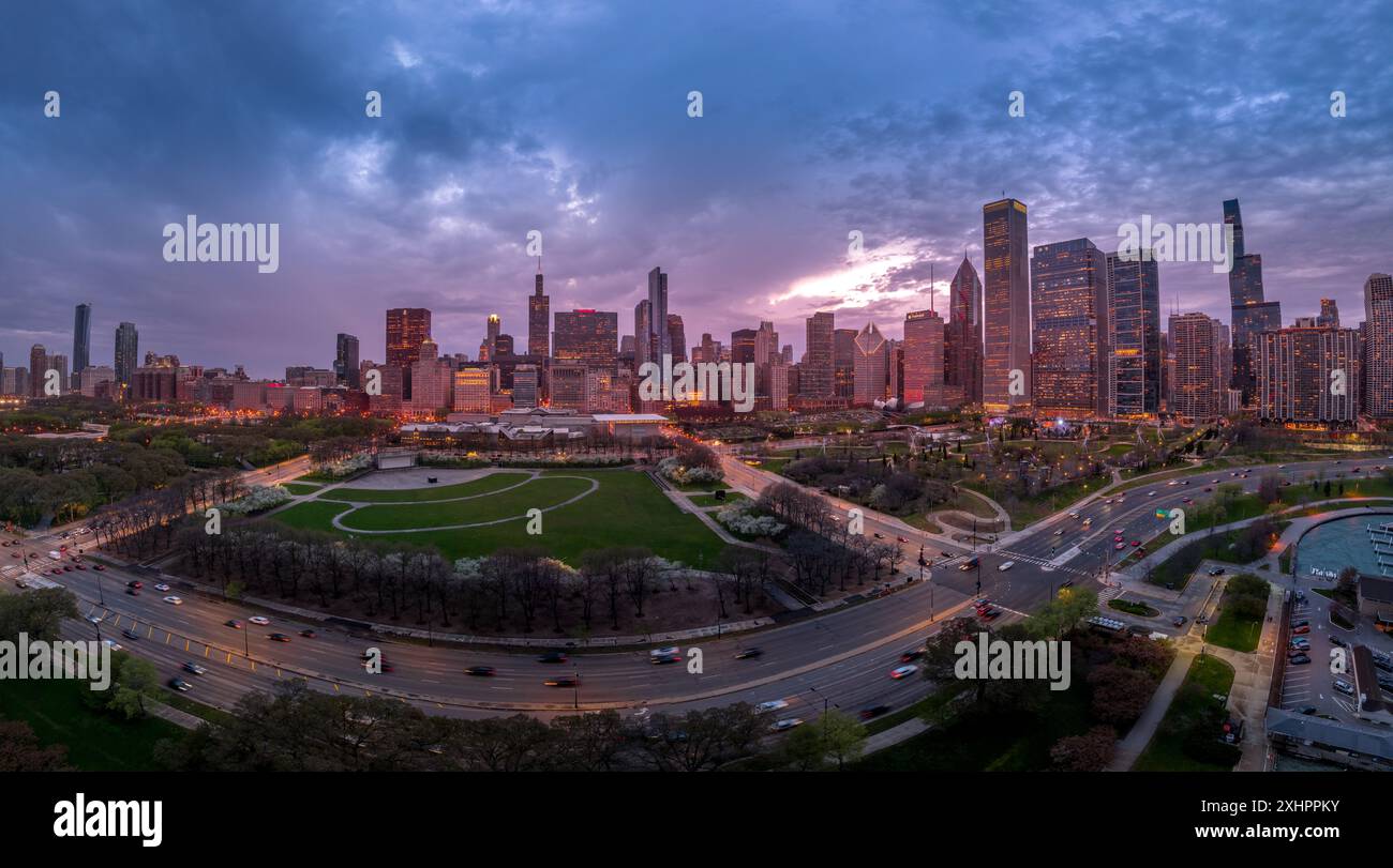 Chicago waterfront aerial panorama with sunset dramatic colorful sky ...