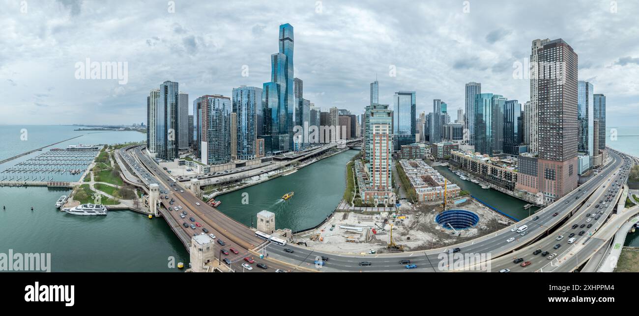 Aerial view of Roosevelt bridge in Chicago with downtown skyscrapers in ...