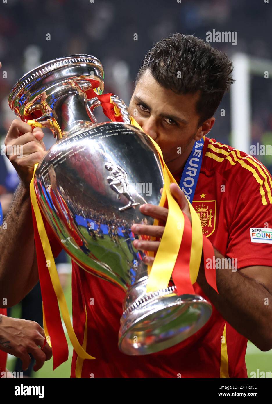 BERLIN, GERMANY - JULY 14: Rodri of Spain kiss the UEFA Euro 2024 Henri ...