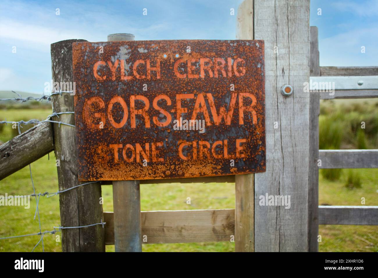 Old rusty sign for Mynachlogddu megalithic stone circle, cromlech ...