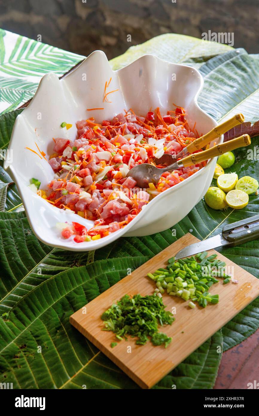 French Polynesia, Tahiti island, Tahitian-style tuna in a clam-shaped ...