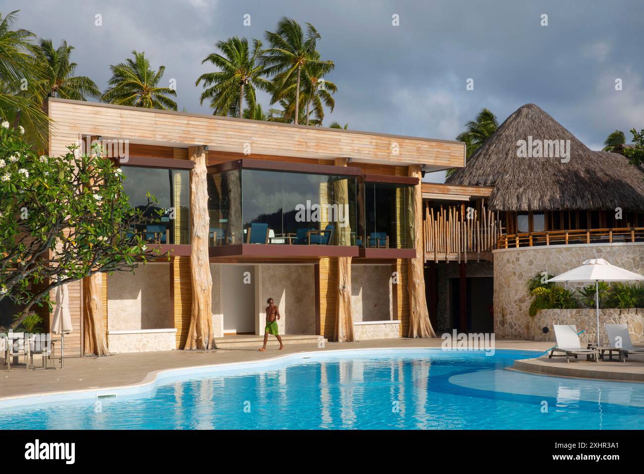 French Polynesia, Bora Bora island, designer wooden building of the wine bar behind the swimming ...