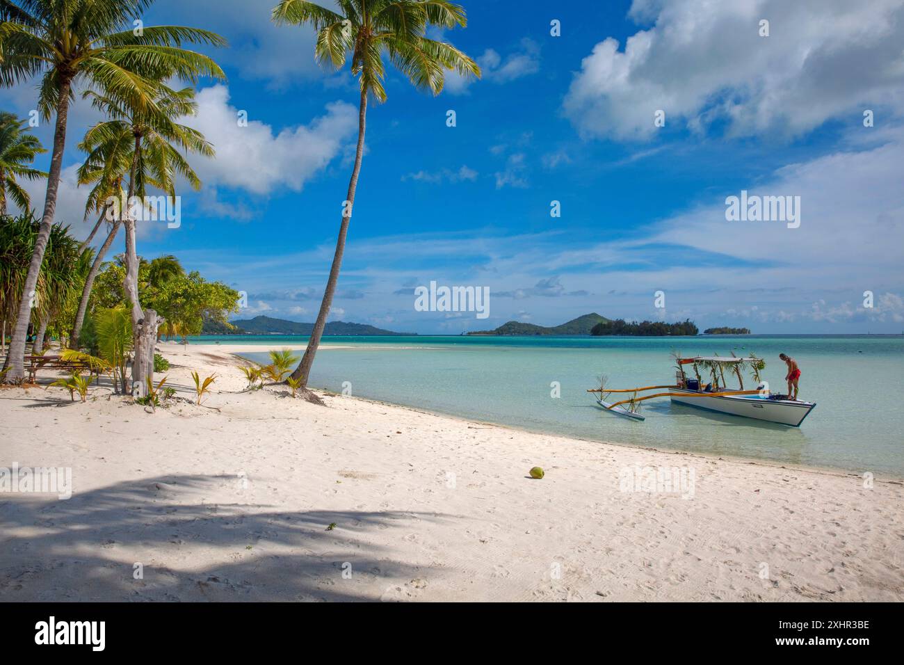 French Polynesia, Bora Bora island, Rosto, Polynesian guide in his va'a ...