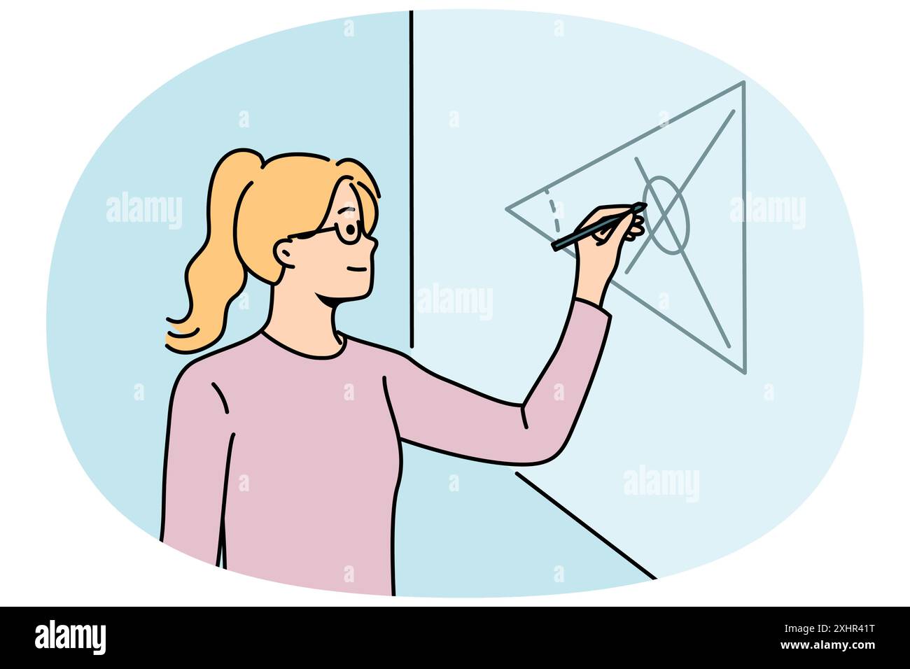 Girl student of mathematical school writes formulas on blackboard ...