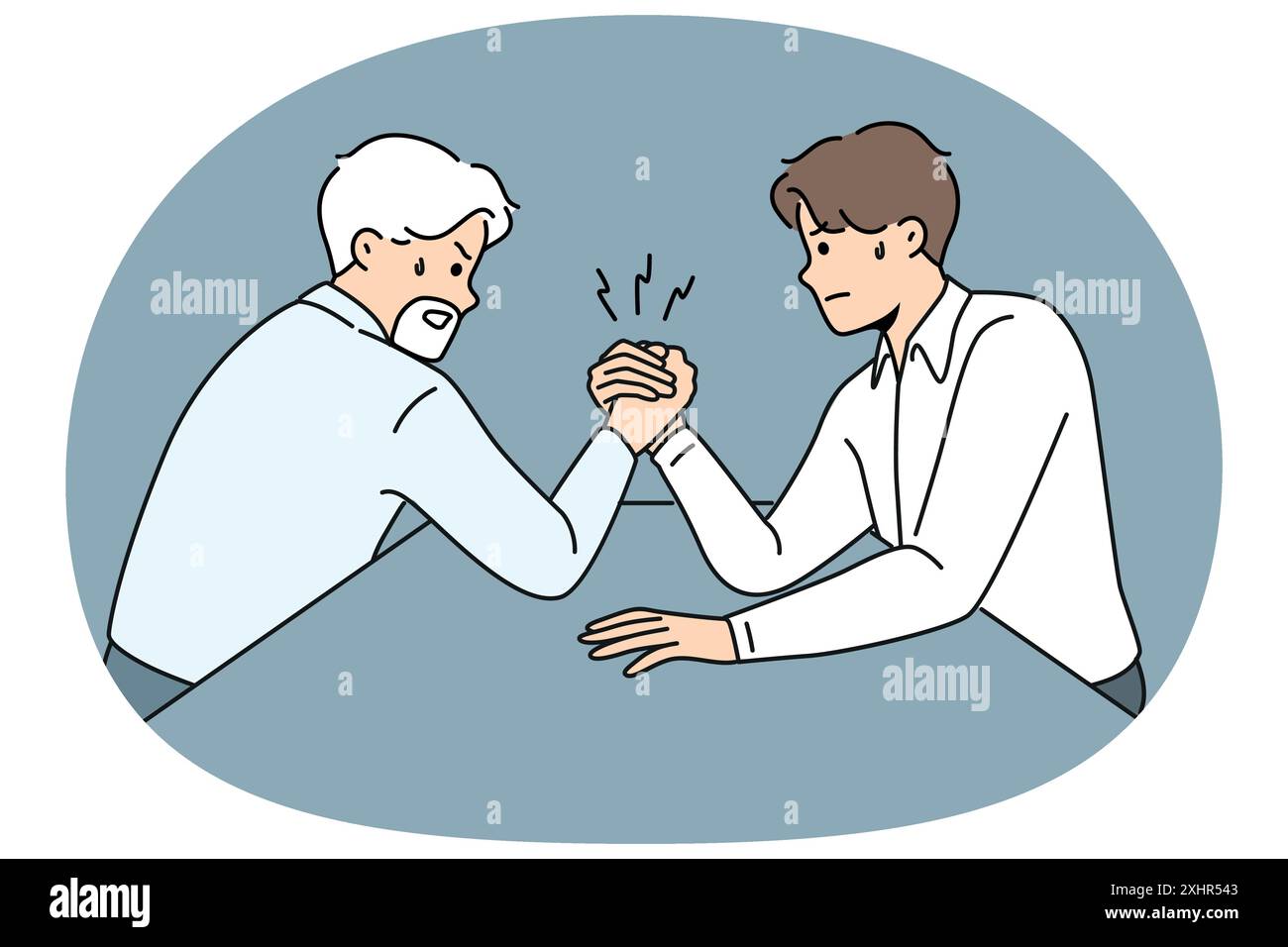 Competition of office workers of different ages doing arm wrestling to ...