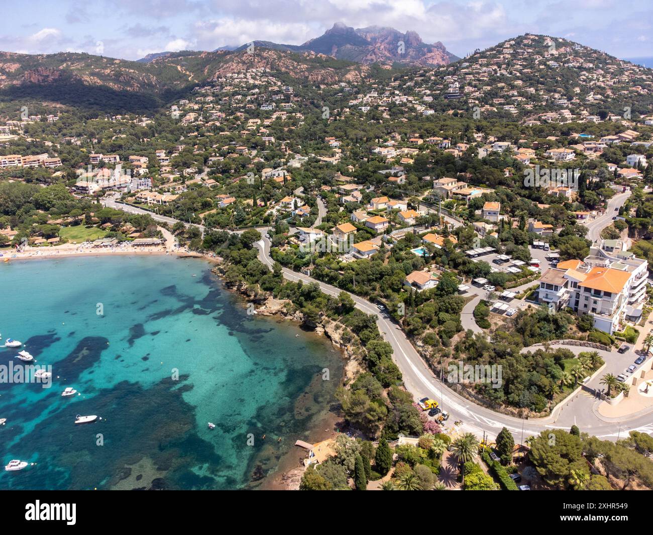 Panoramic view from above on blue Mediterranean dea, sandy beach of ...