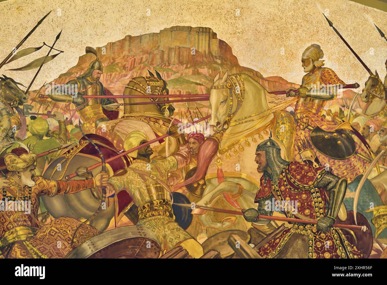 India, Rajasthan, Jodhpur, Umaid Bhawan Palace, Mural depicting a ...
