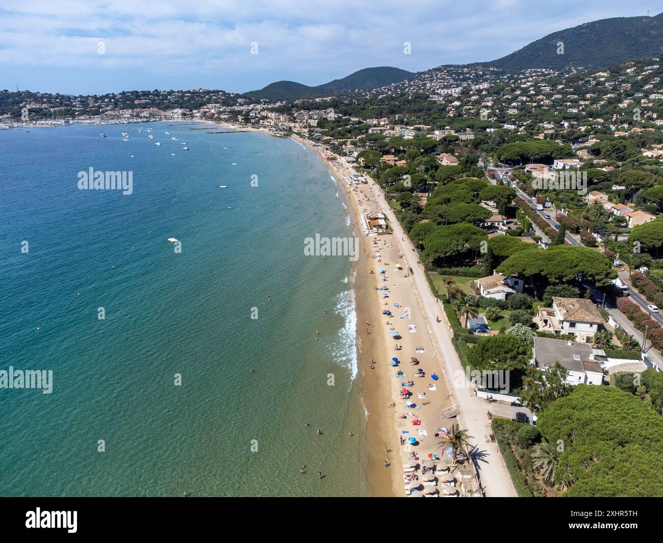 Aerial view on boats, crystal clear blue water of Plage du Debarquement ...