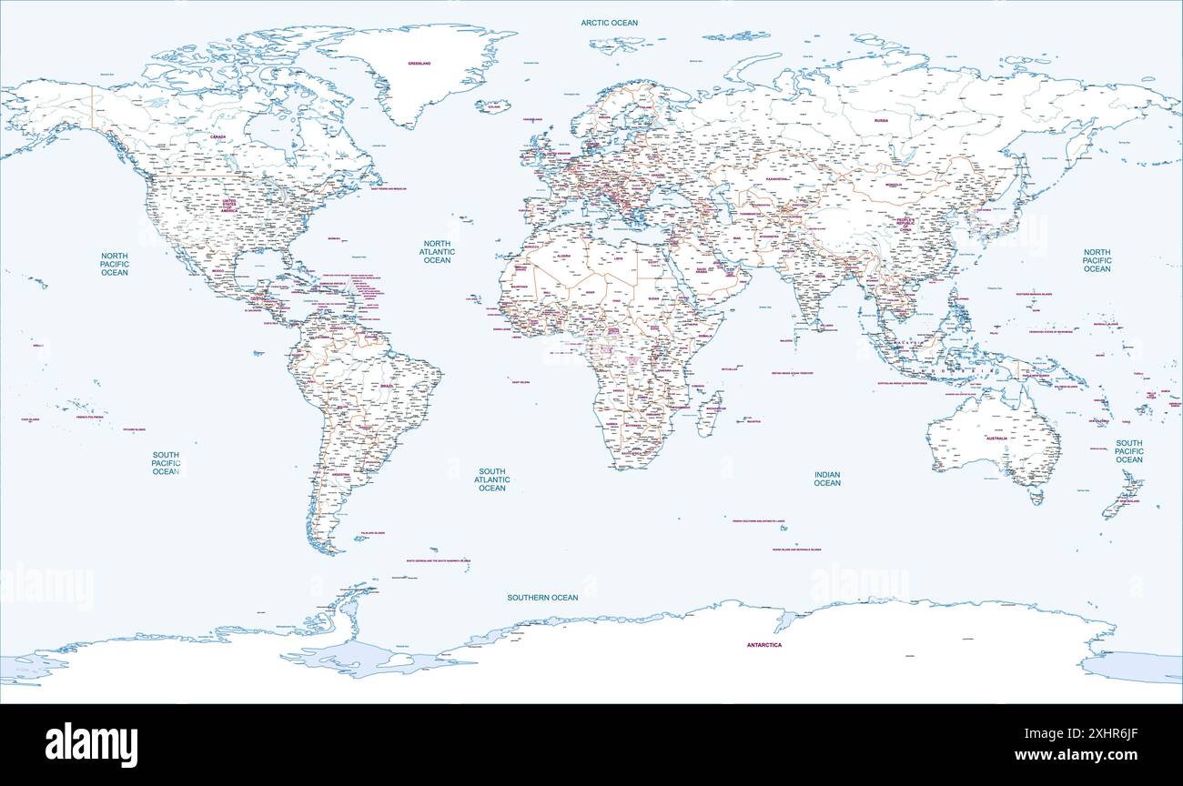 Outline map of the world with countries labeled And most of cities and ...