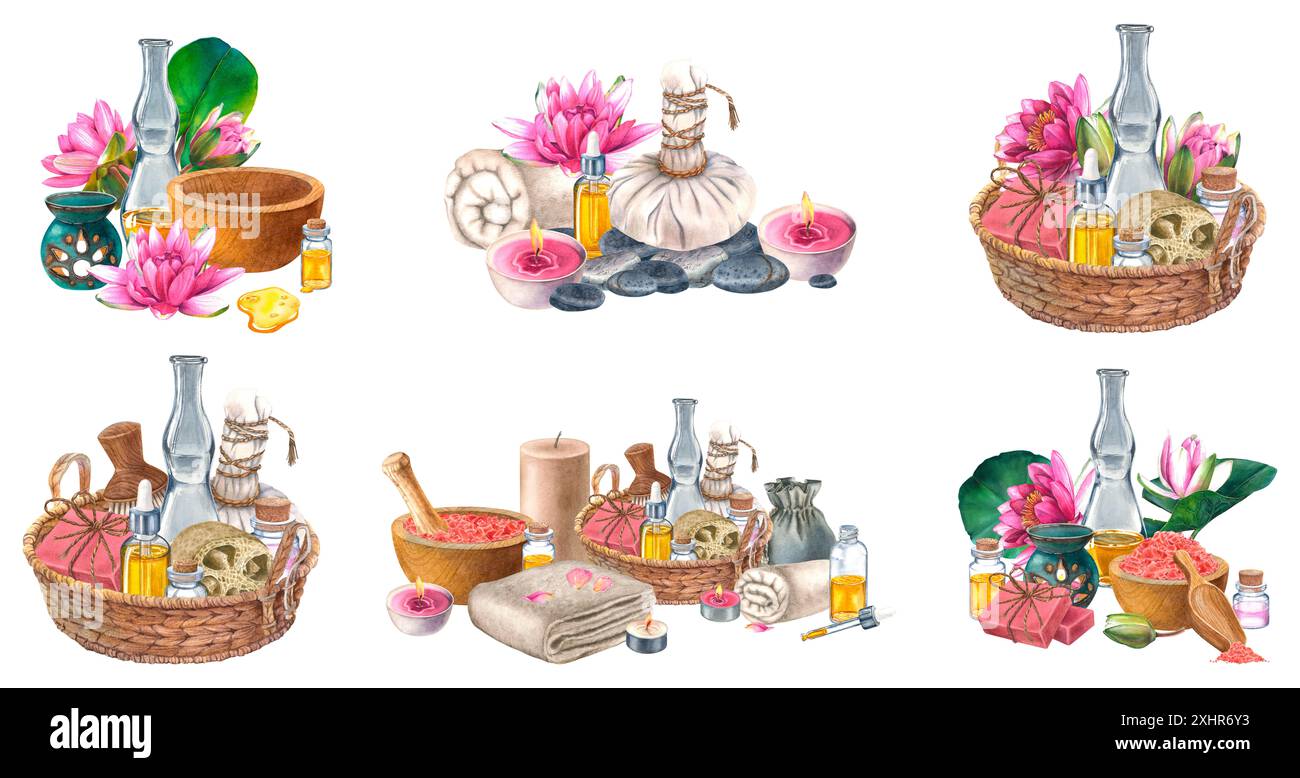 Bodycare cosmetics for Spa and massage. Hand drawn watercolor set of ...