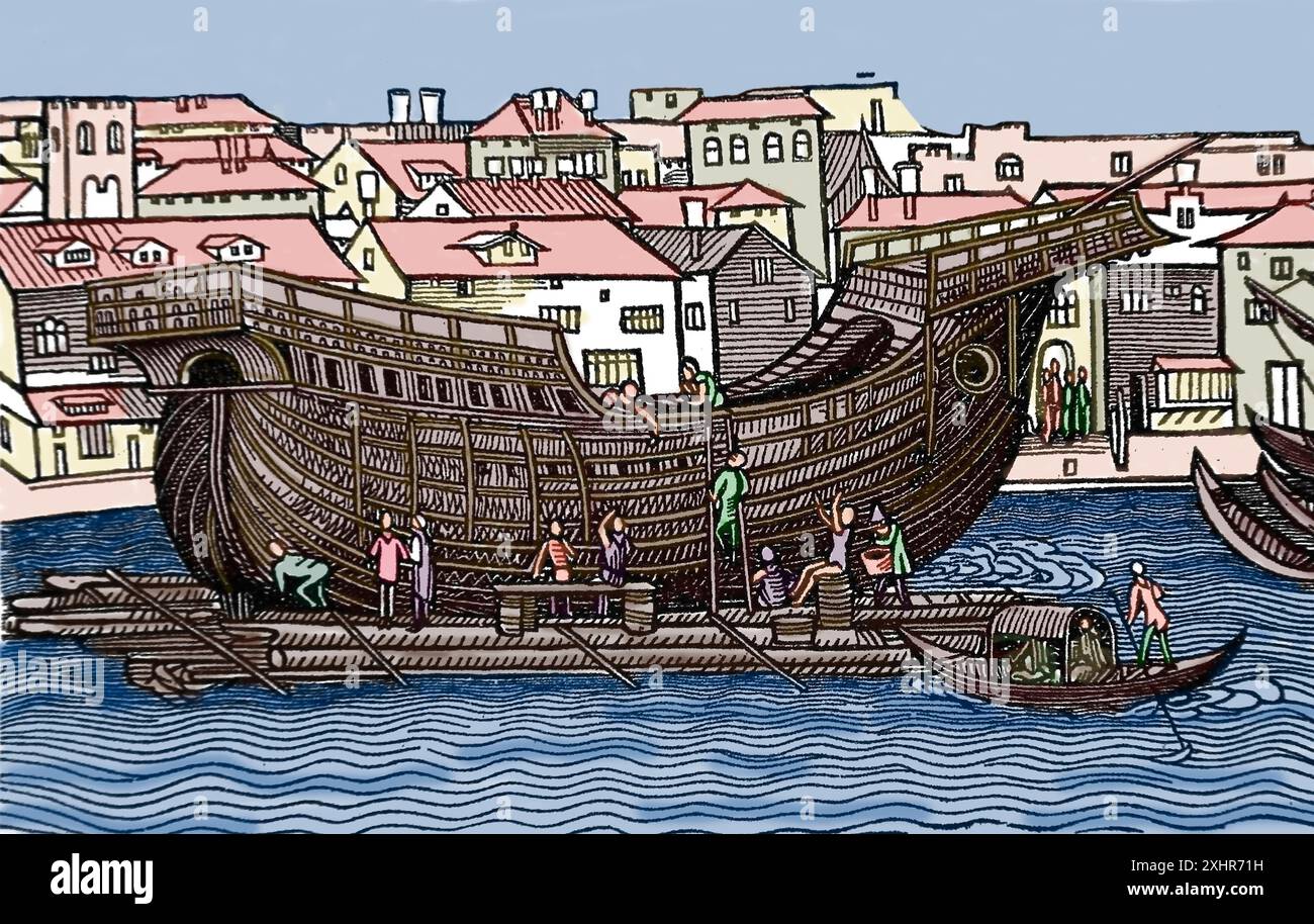 Ship hull on dry dock. Modern period. 15th century. Europe. Engraving ...