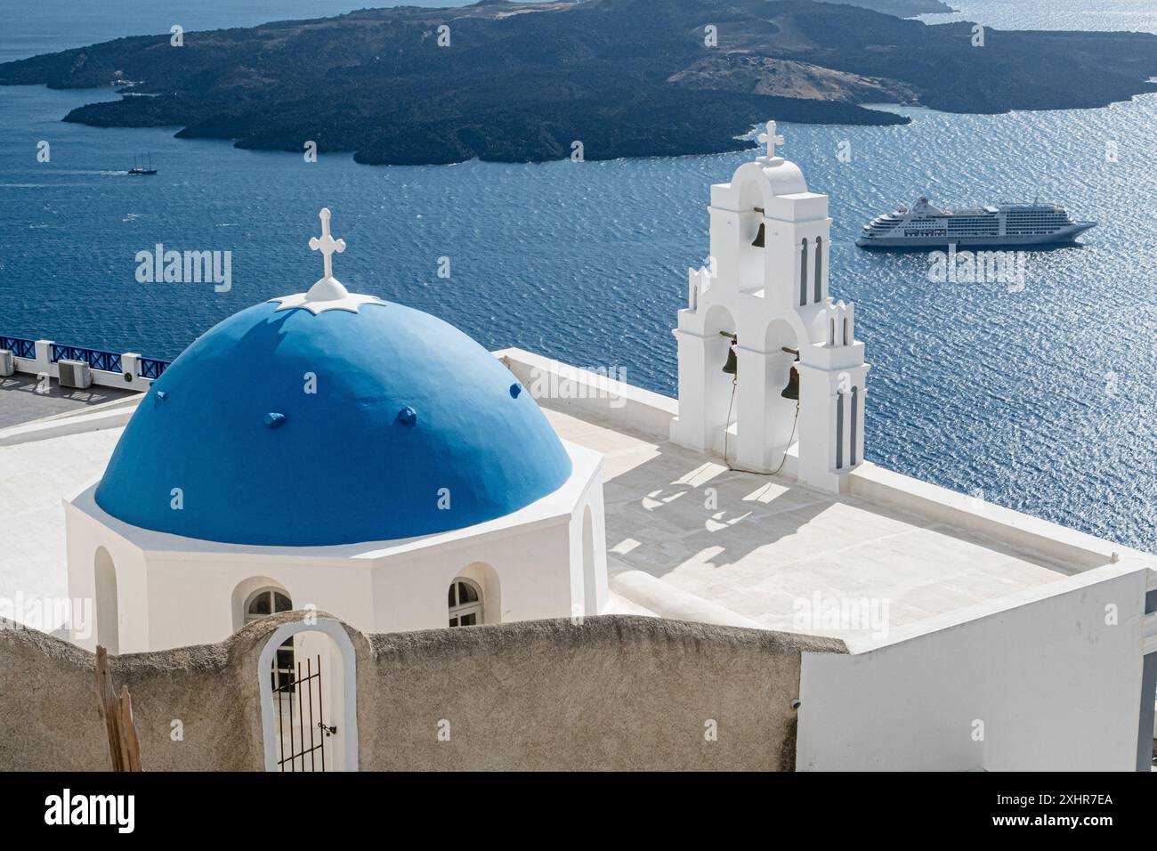 Three Bells of Fira Church, Santorini, iconic view of Bells and Blue ...