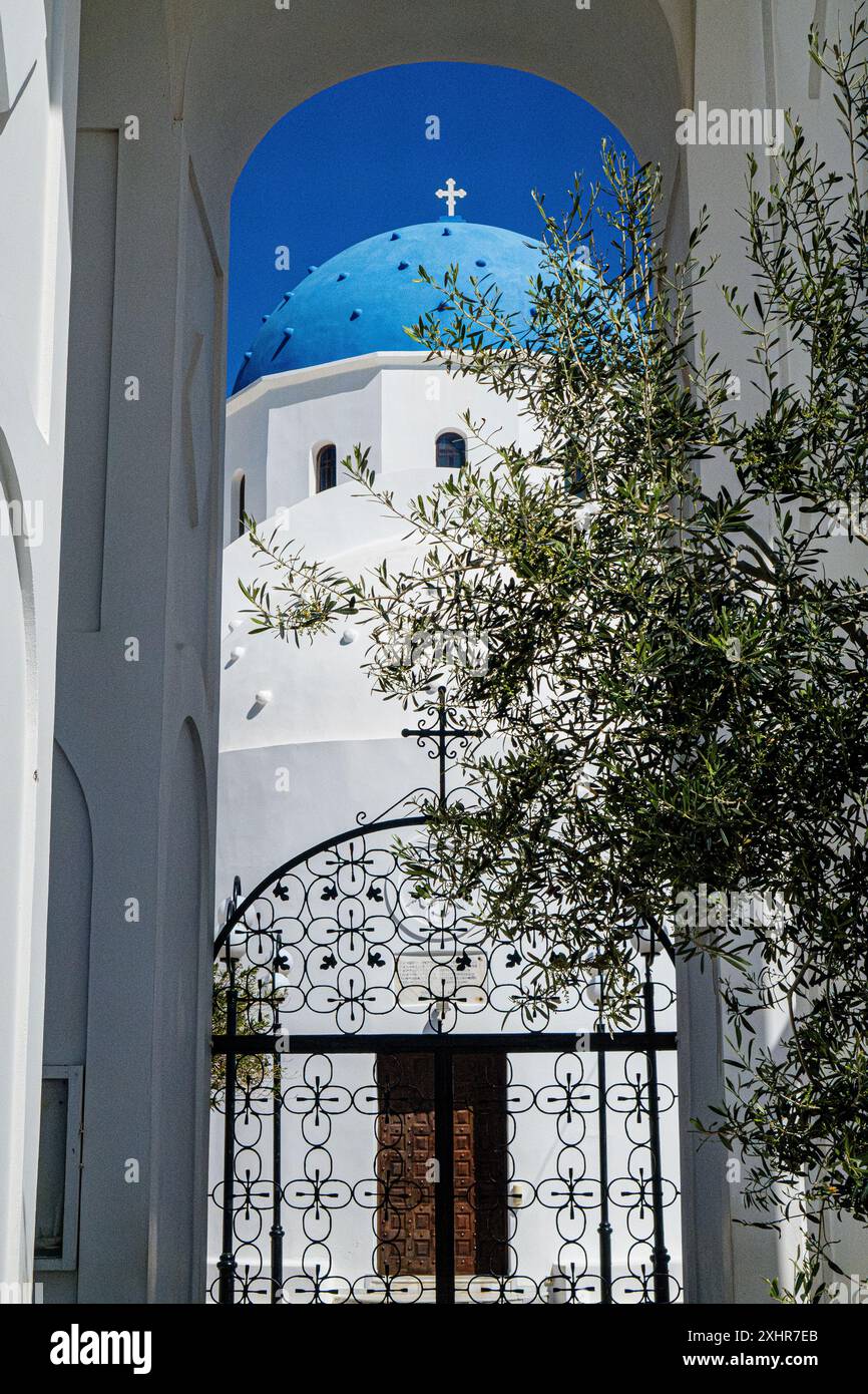 Three Bells of Fira church, Santorini, looking through entrance gate ...