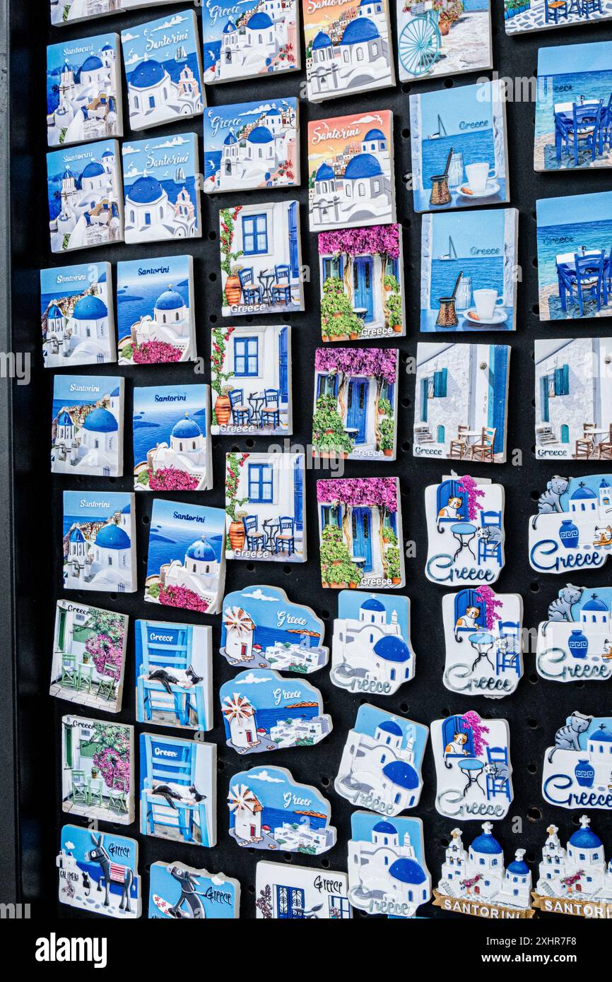 Artistic display of tourist souvenir fridge magnets in santorini, greek ...