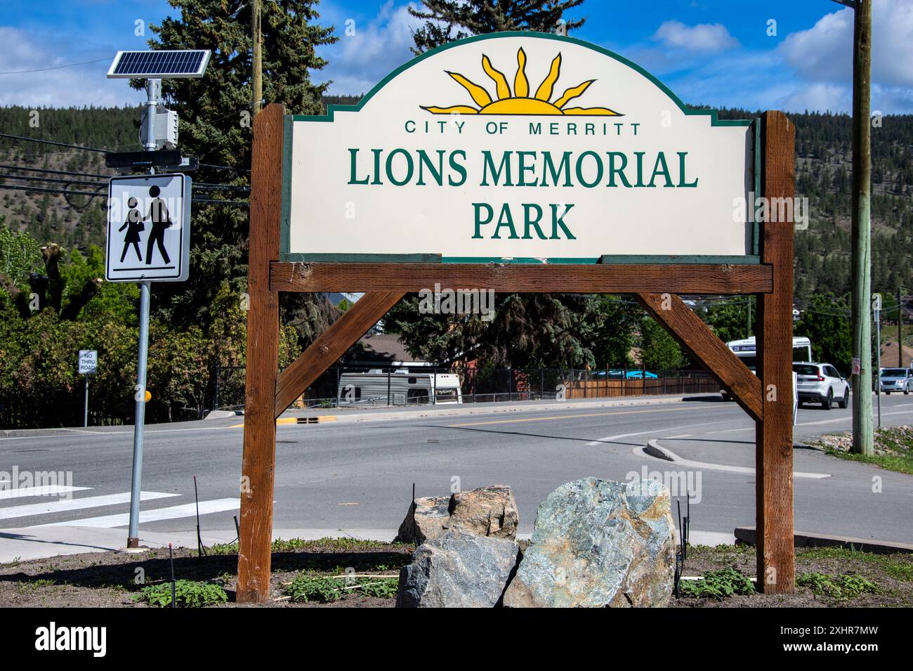 Welcome to Lions Memorial Park sign on Voght Street in Merritt, British ...