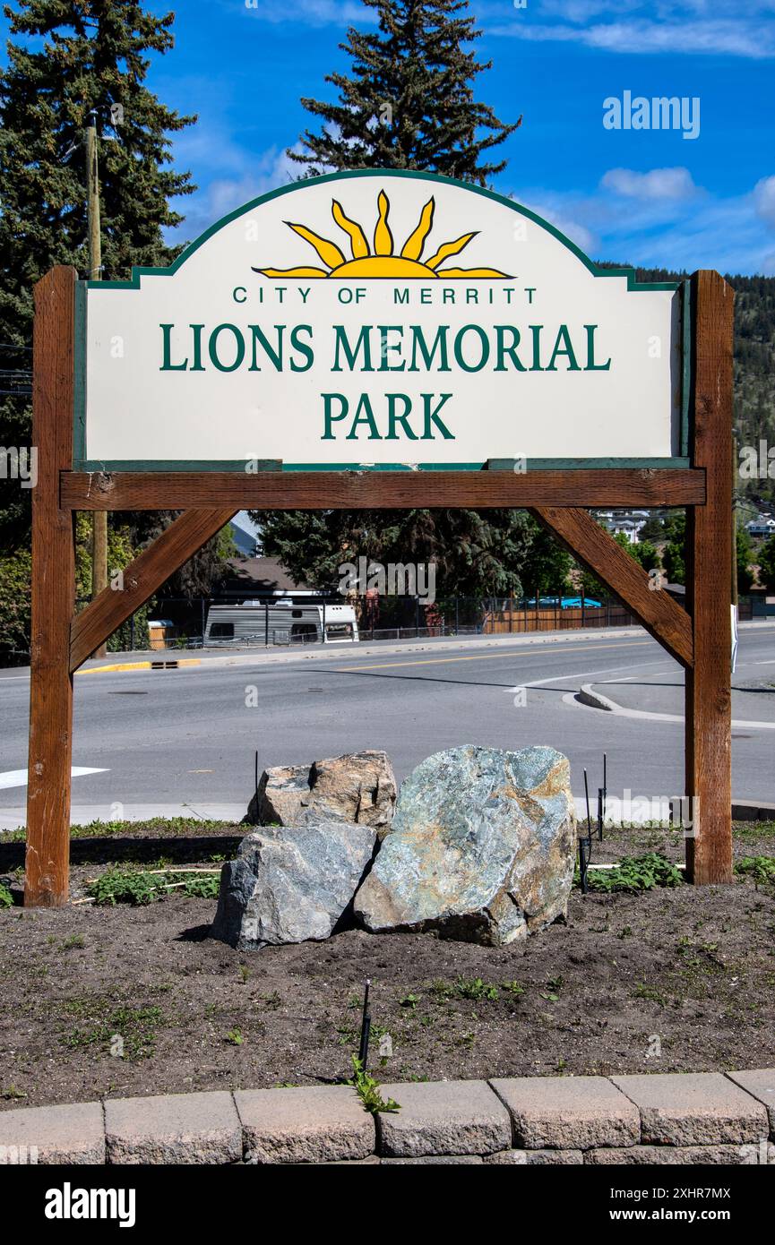 Welcome to Lions Memorial Park sign on Voght Street in Merritt, British ...