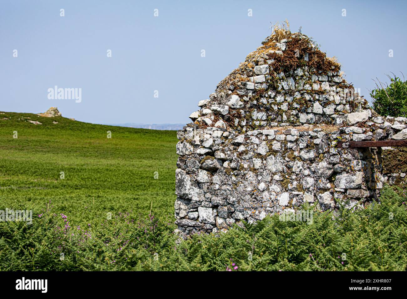 Old and isolated derelict falling down stone barn building on a ...